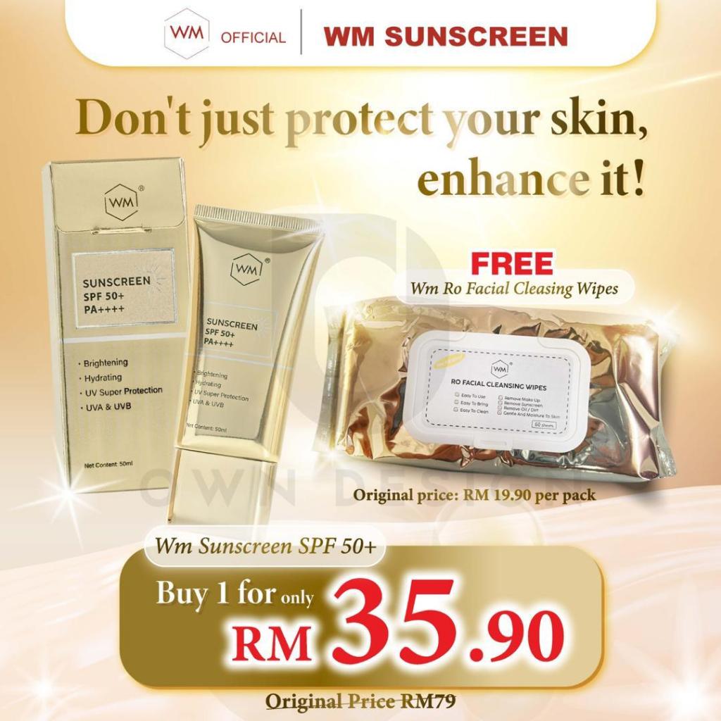 WM Sunscreen 50ML SPF 50PA++++( Free Facial Cleansing Wipes 60 Sheets ...