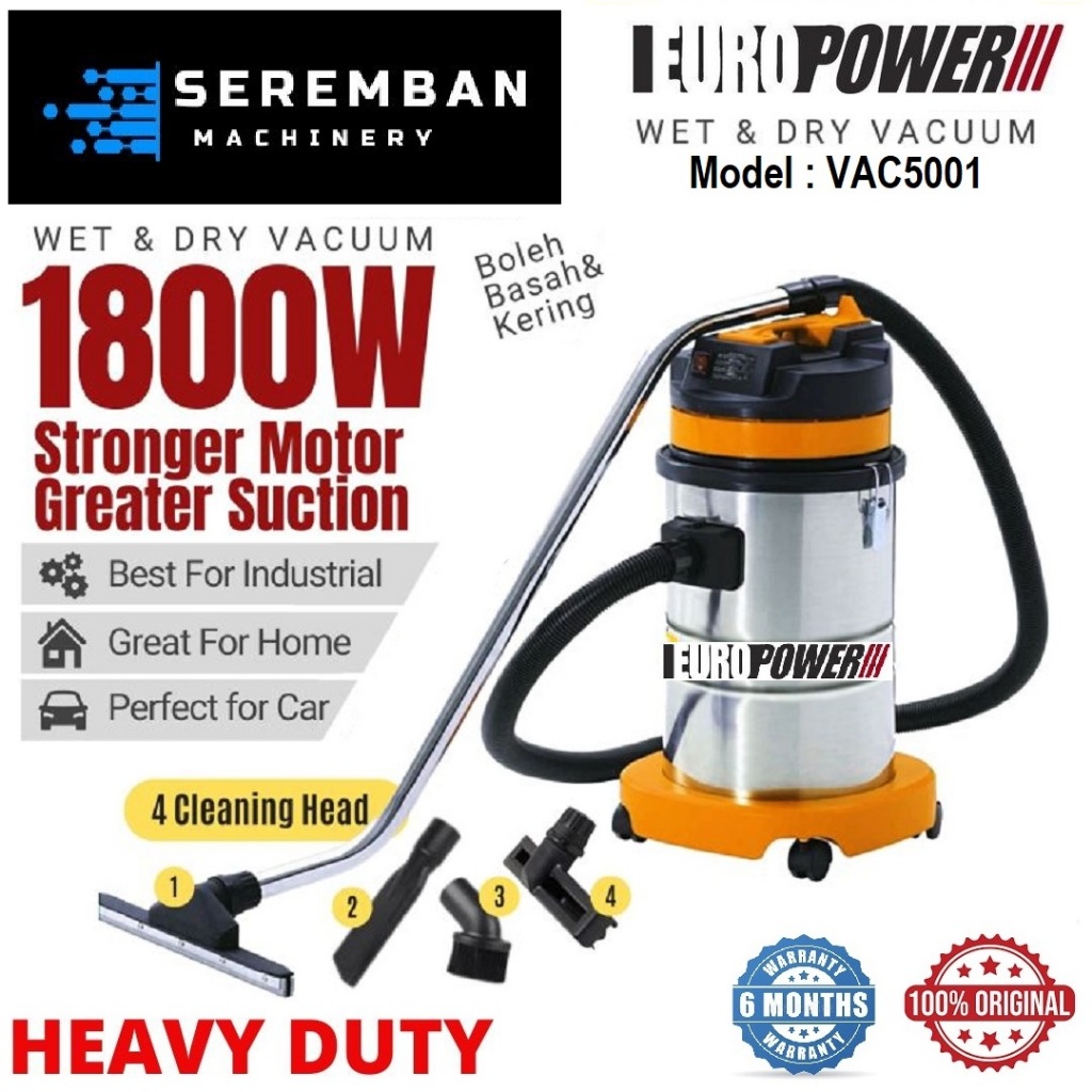 EuroPower VAC-5001 (30-Liter) 1800W Wet & Dry Industrial Vacuum Cleaner ...