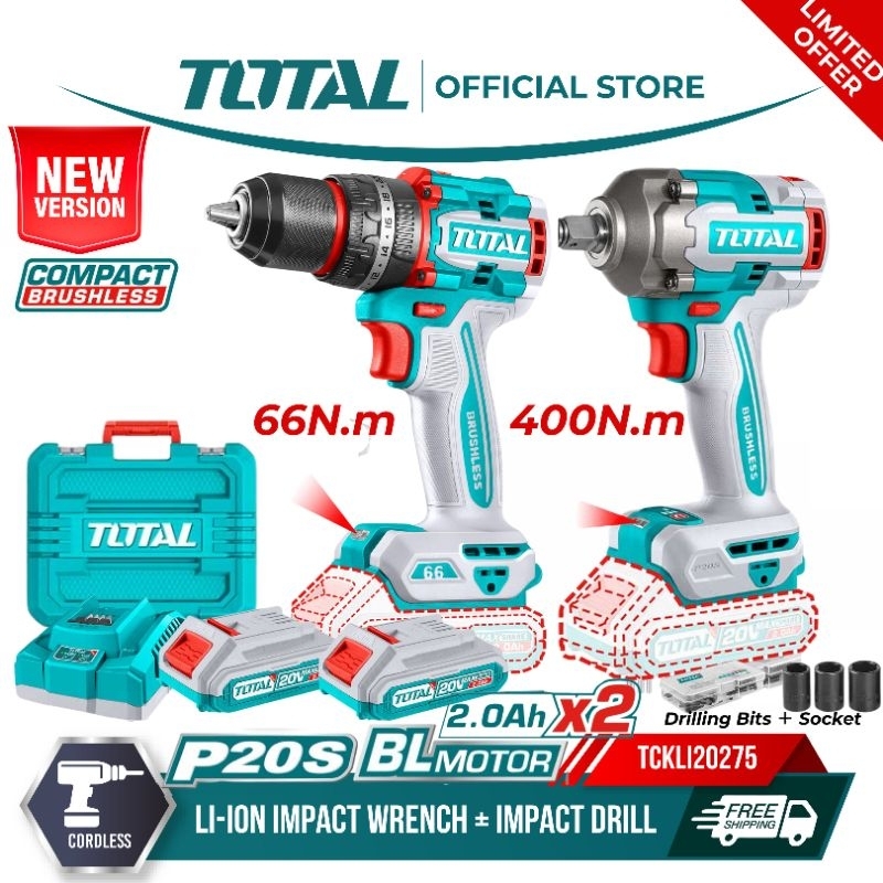 Total 2pcs Li-ion Impact Drill 66Nm + Impact Wrench 400Nm Combo Set ...