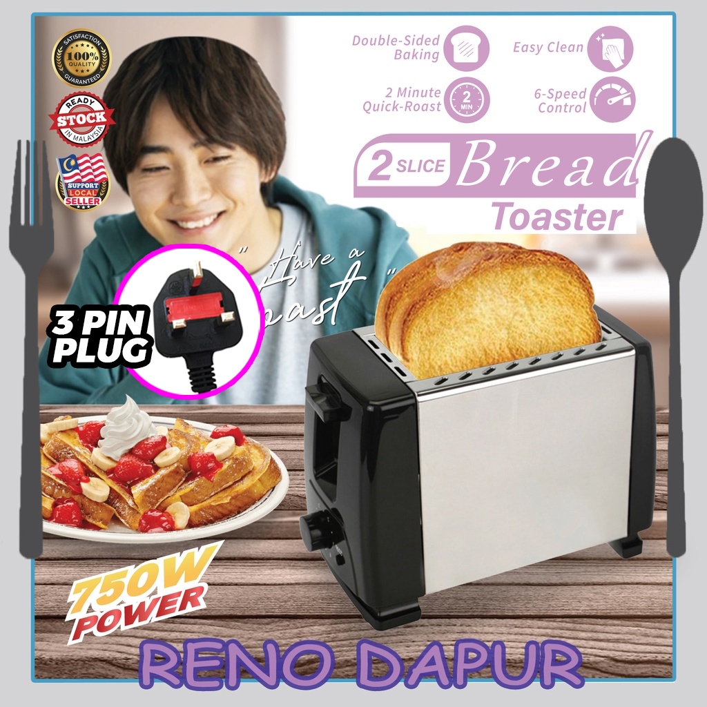 3Pin Plug 2 Slice Bread Toaster Oven Stainless Steel Pembakar Roti ...
