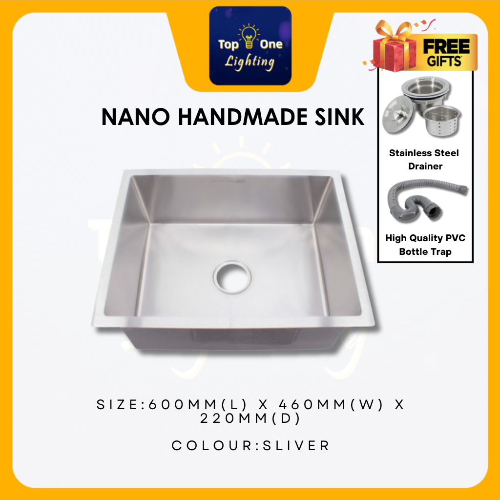 SINK NANO 304 Stainless Steel Single Sink (Silver) 600x460mm Dapur Bowl ...