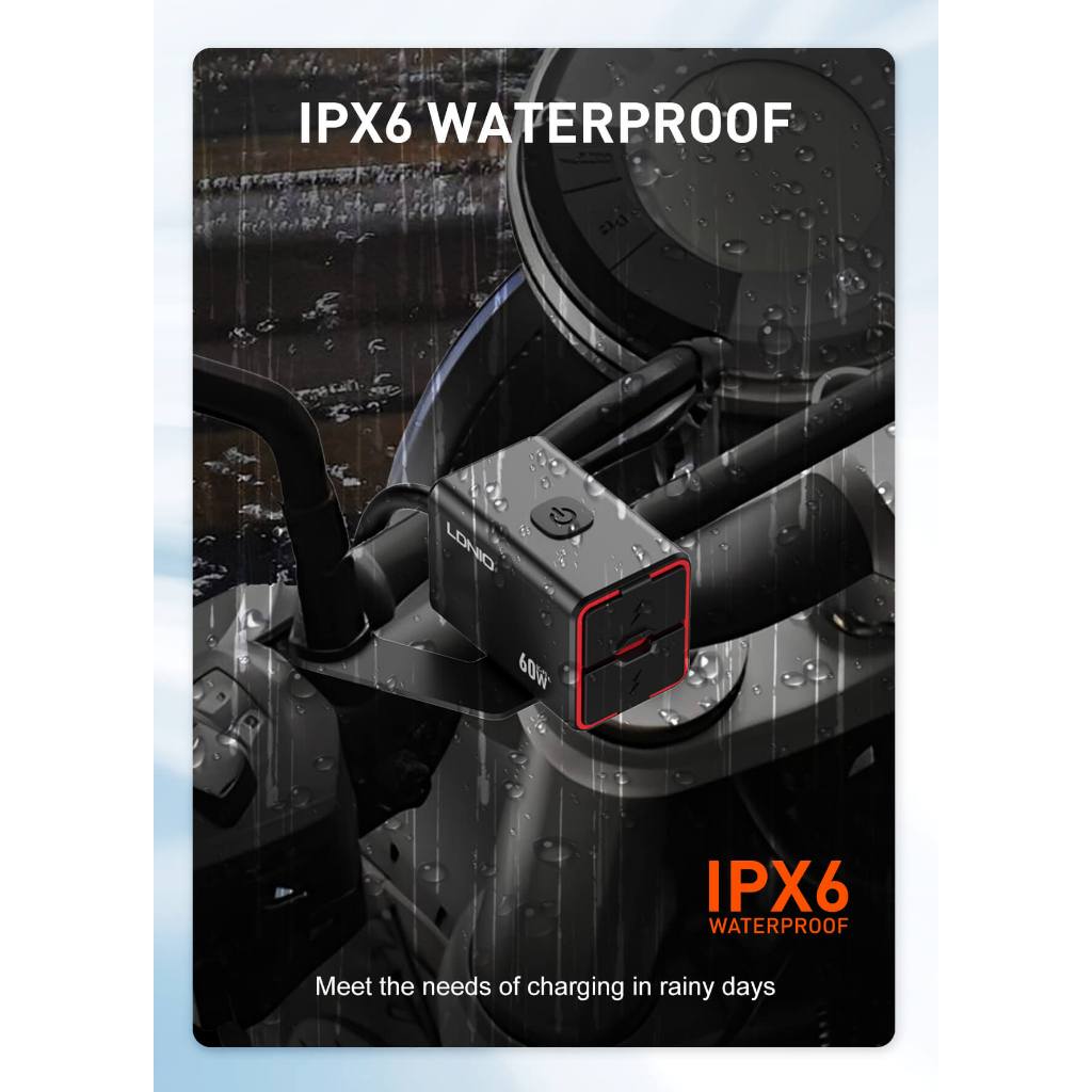 LDNIO C108 PD+QC3.0 Motorcycle Fast Charger IPX6 Waterproof 60W Fast Charging (USB-C 30W + USB-A ...