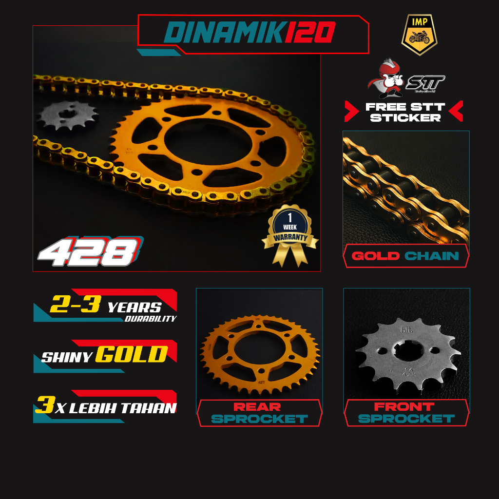 spoket DINAMIK120 428 GT128 MODENAS SET SPOKET + RANTAI WARNA EMAS 428 ...