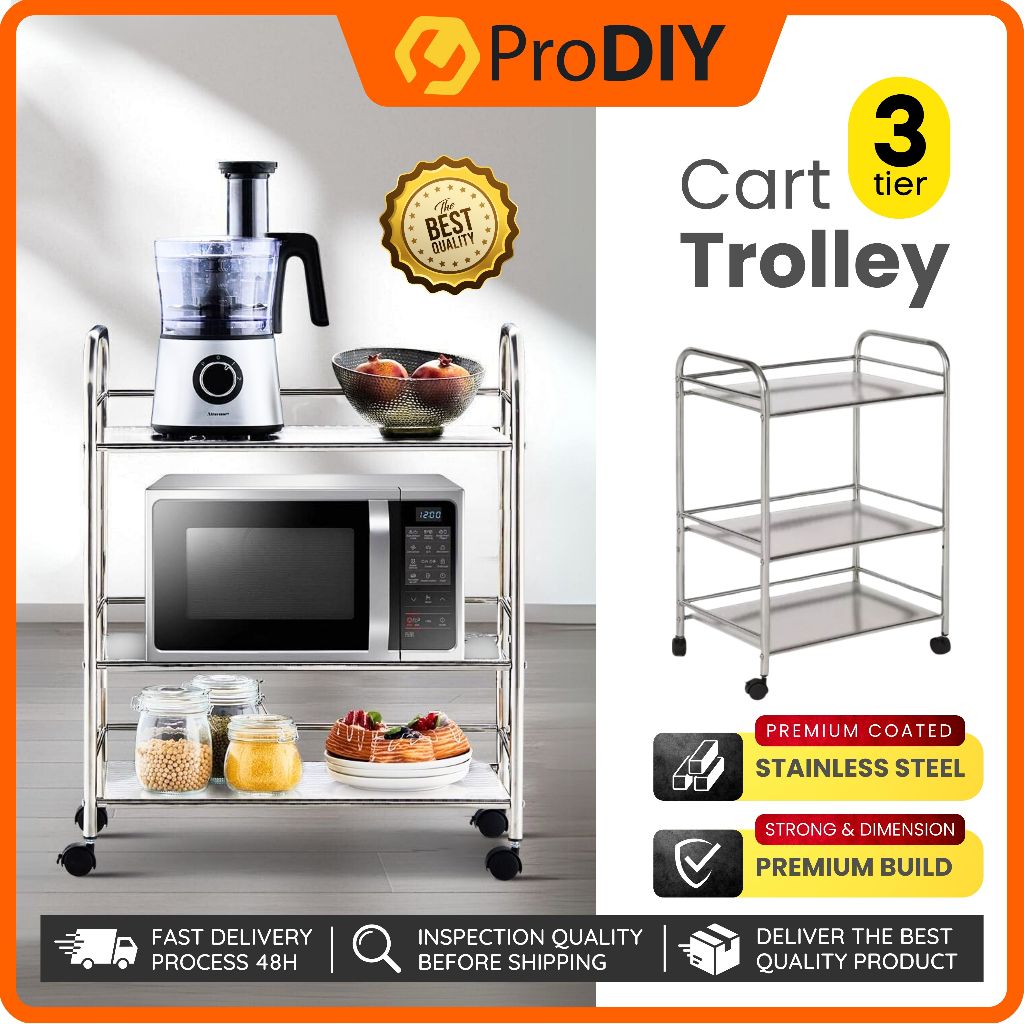 3 Tier Stainless Steel Trolley Multipurpose Rack Side Table kitchen ...