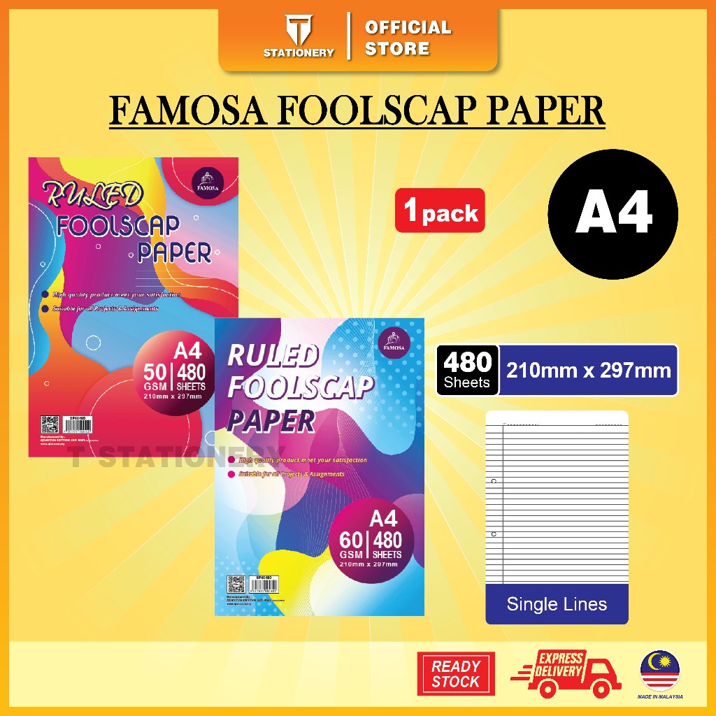FAMOSA A4 50gsm & 60gsm 480 sheets 7.5mm Broad Line Foolscap Paper Exam ...