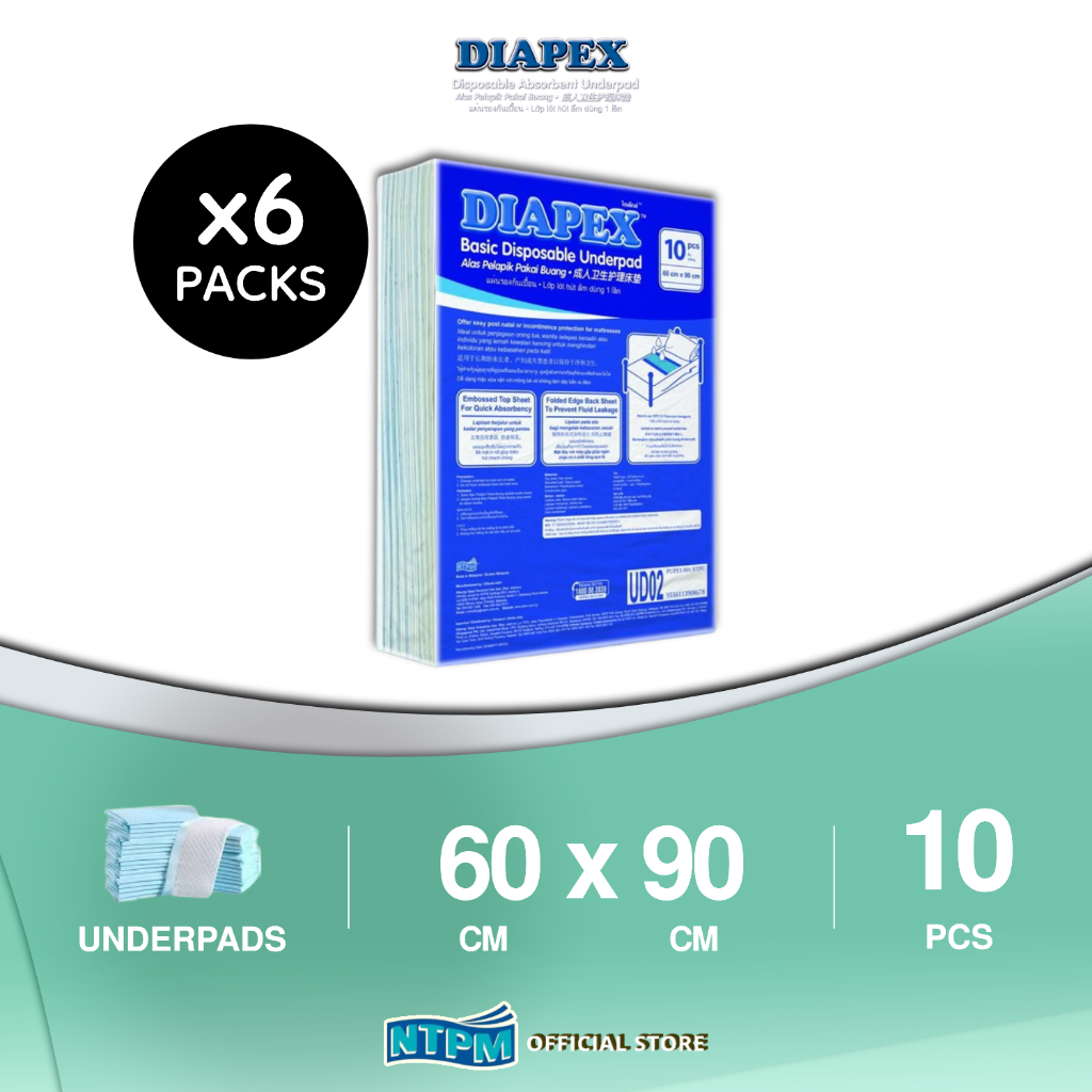 (UD02) Diapex Basic Disposable Underpad 10's (60cm x 90 cm) x 6 Packets ...