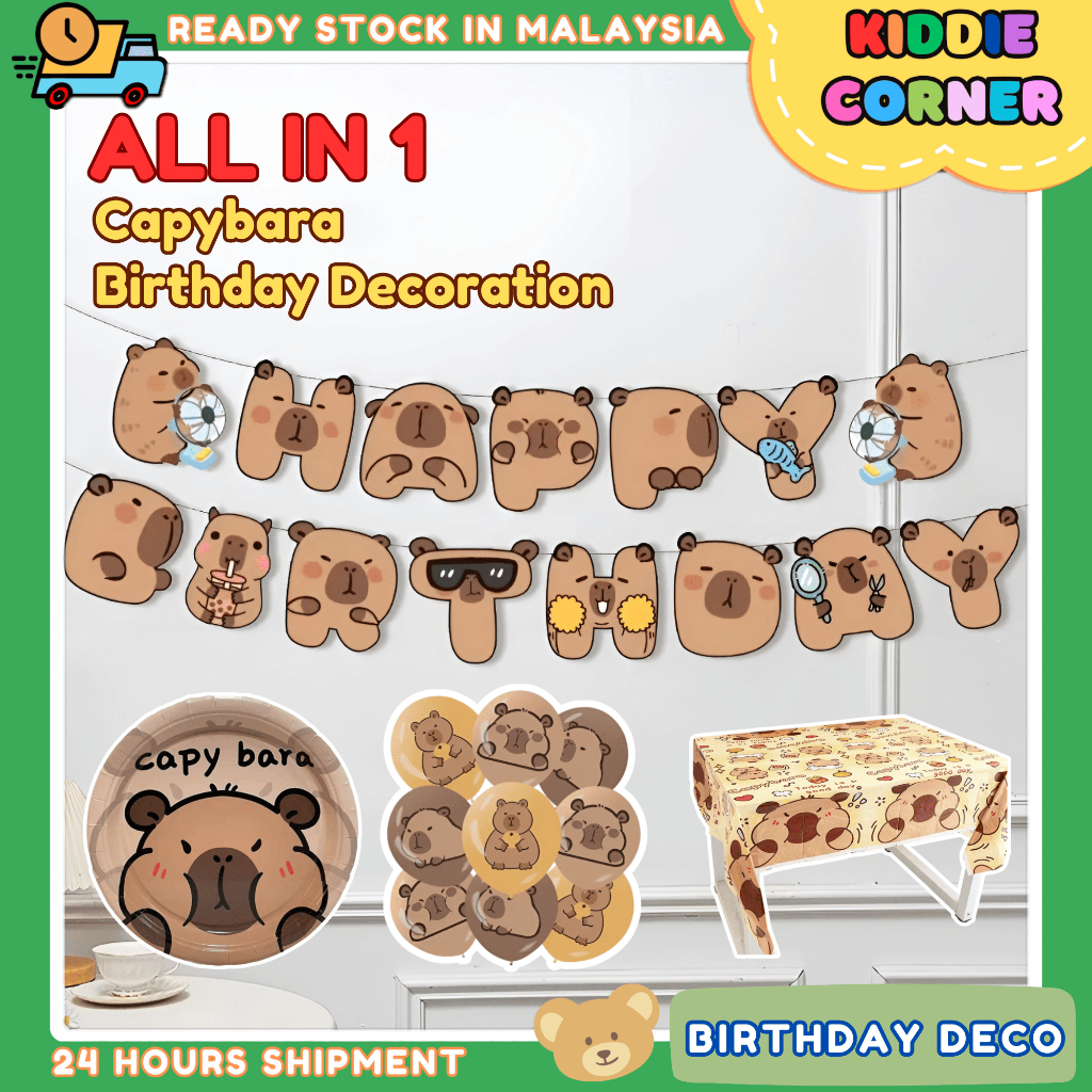 Capybara 3D balloon birthday hat mat decoration banner card plate kids ...