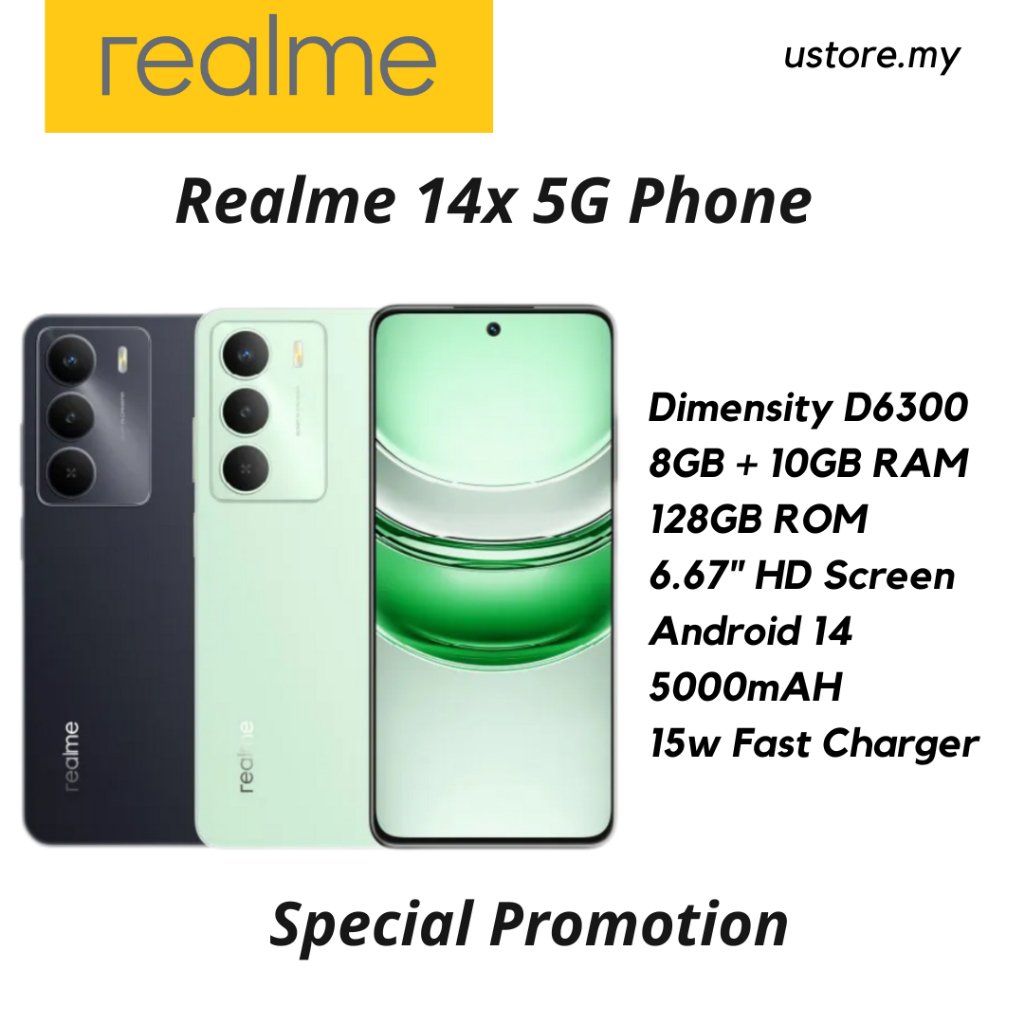 Realme 14x 5G Phone (8+10+128GB) - Peridot Green / Carbon Black ...