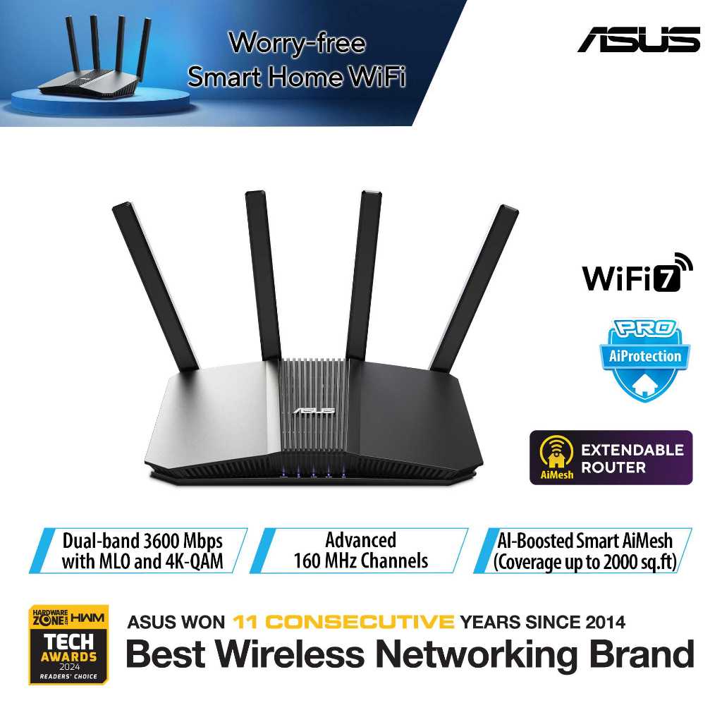 ASUS RT-BE58U Dual-band WiFi 7 (802.11be) Smart AiMesh Extendable ...