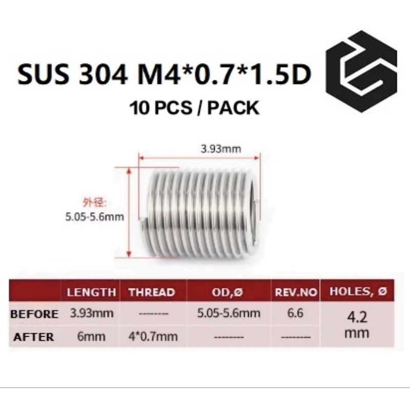 HeliCoil Threaded / Insert Recoil Thread Stainless Steel 304 M4*0.7*1 ...