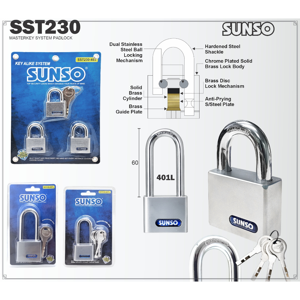 SUNSO SUS304 Stainless Steel Security Long Shackle Pad lock Gate Lock ...