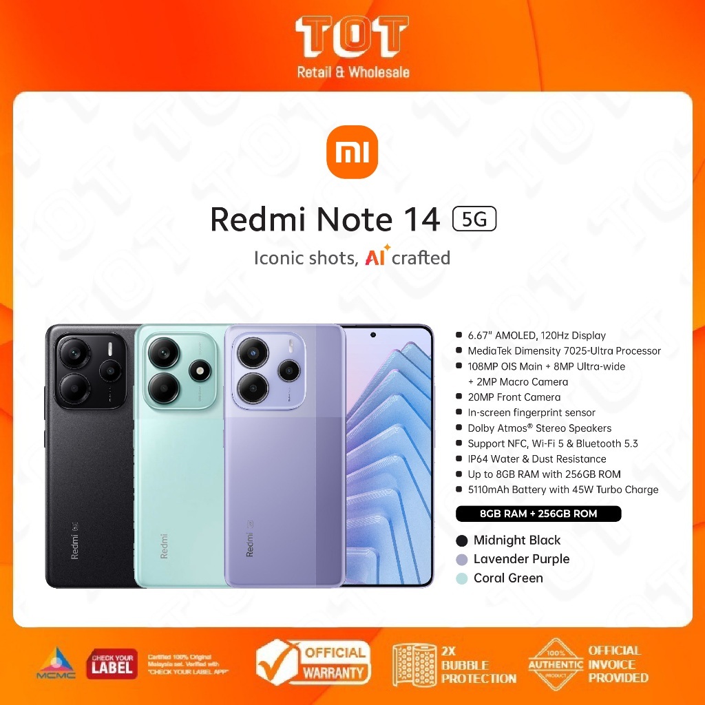 XIAOMI Redmi Note 14 5G (8GB+256GB) 6.67" AMOLED display I MediaTek ...