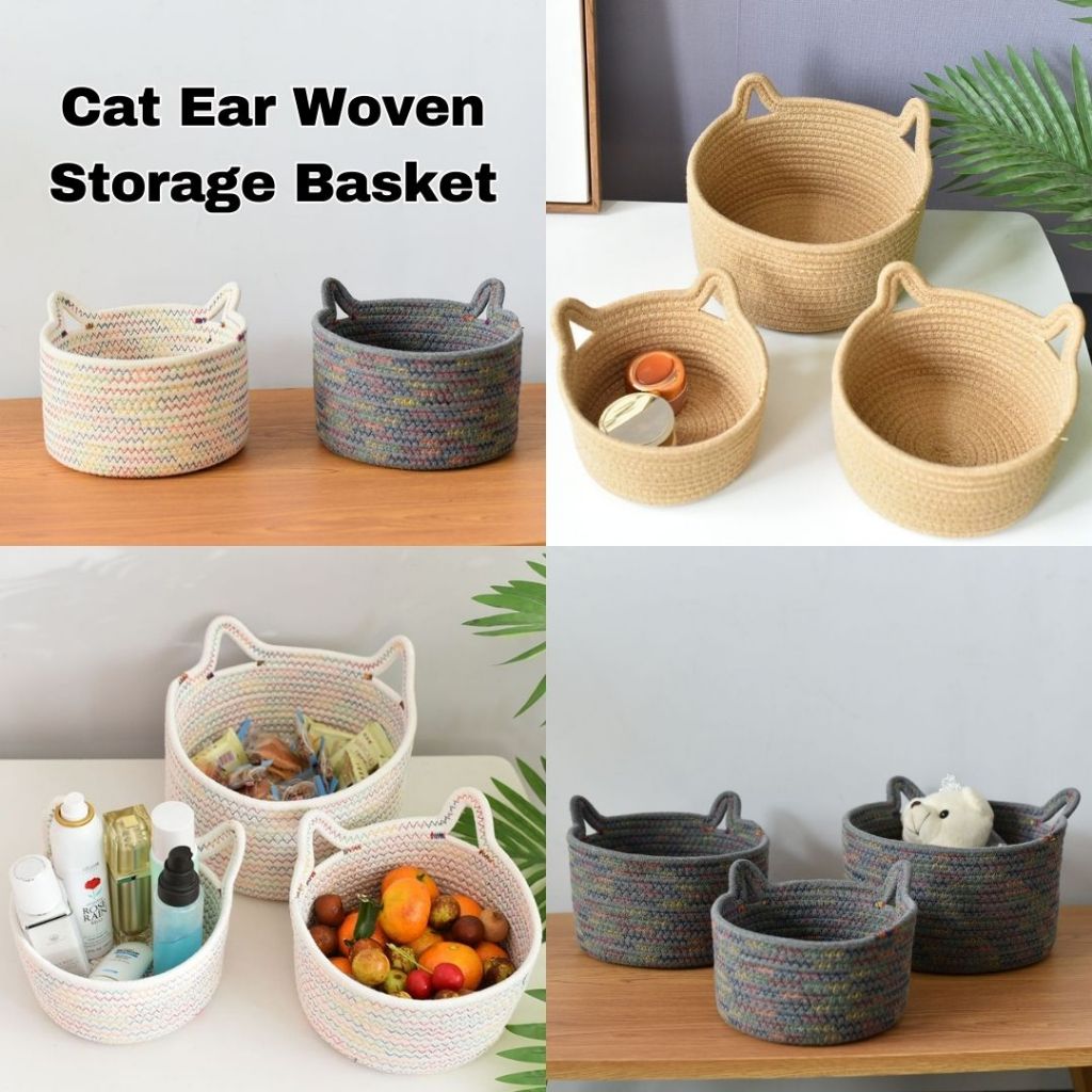 Cat Ear Woven Storage Desk Organizer Basket Cotton Rope Handle Cute ...