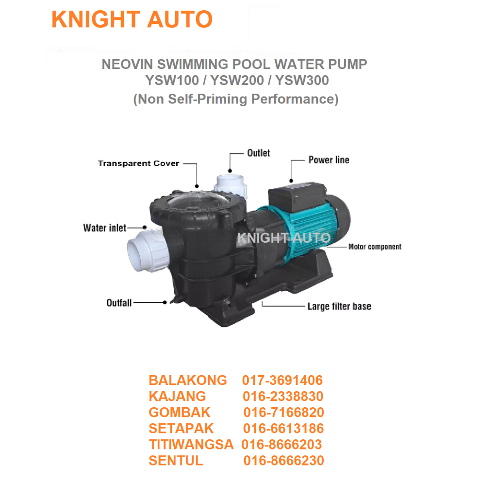 NEOVIN Swimming Pool Water Pump Non Self-Priming YSW100 ID36412 YSW200 ...