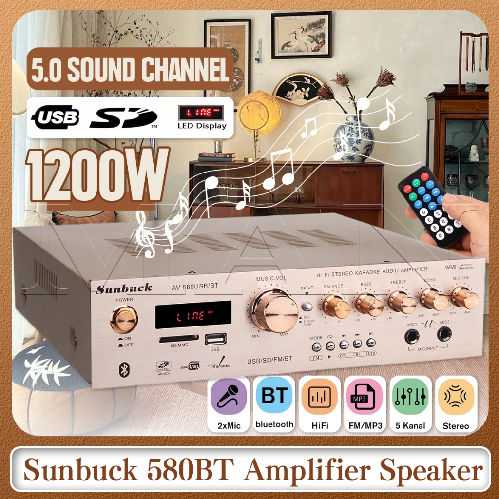 Sunbuck 5.1 Channel Power Amplifier Home Theater Karaoke bluetooth 580BT Amplifier Stereo Bass ...
