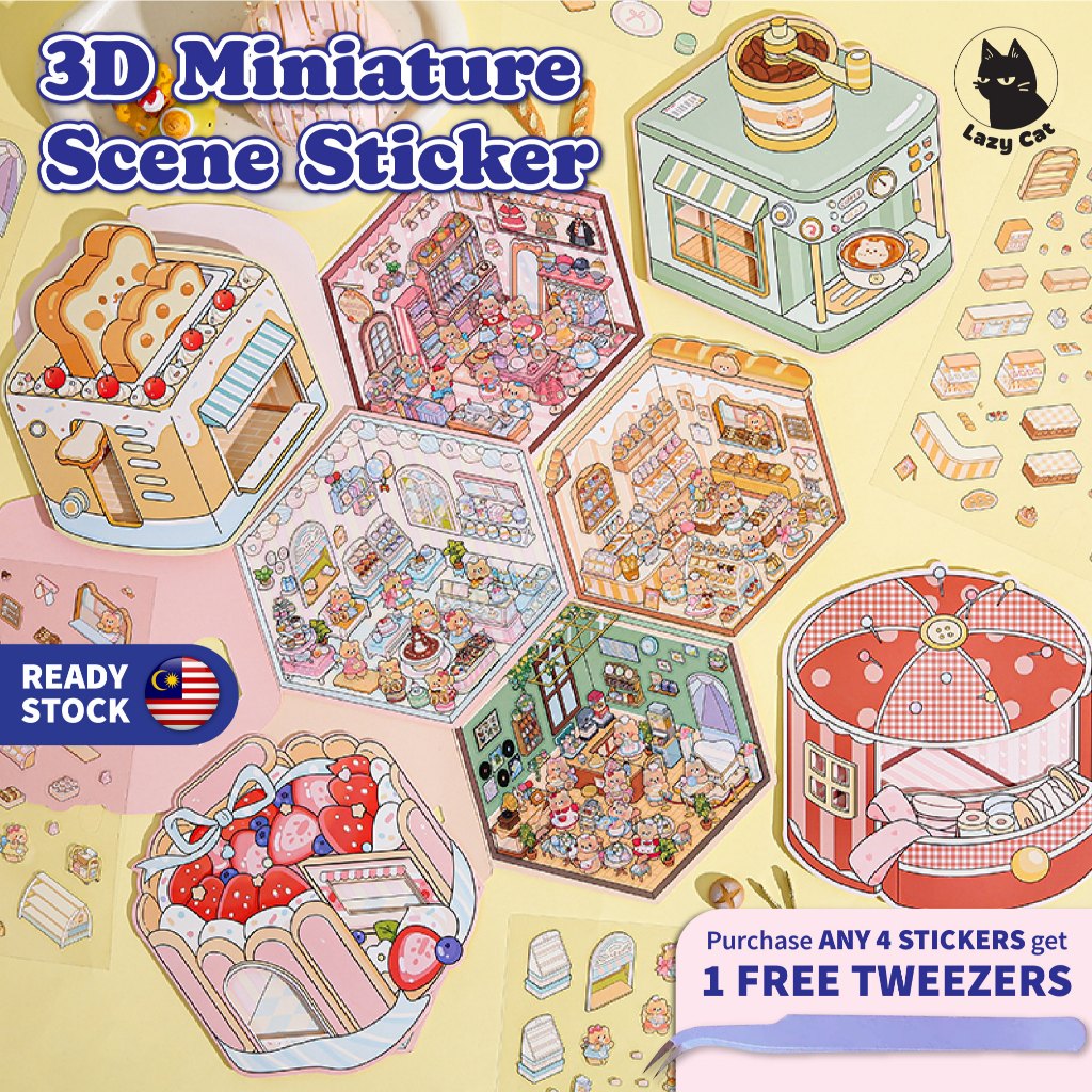 Lazy Cat 3D Miniature Scenes Sticker DIY Cute Cartoon Korean Style ...