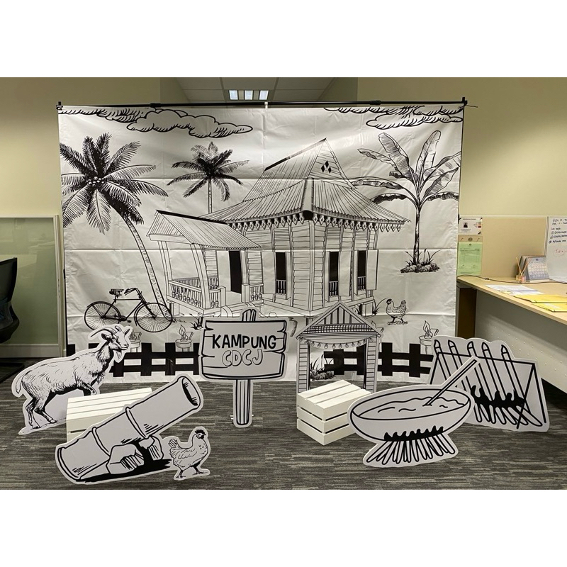 Backdrop raya rumah kampung sketch drawing jawi klasik | Shopee Malaysia