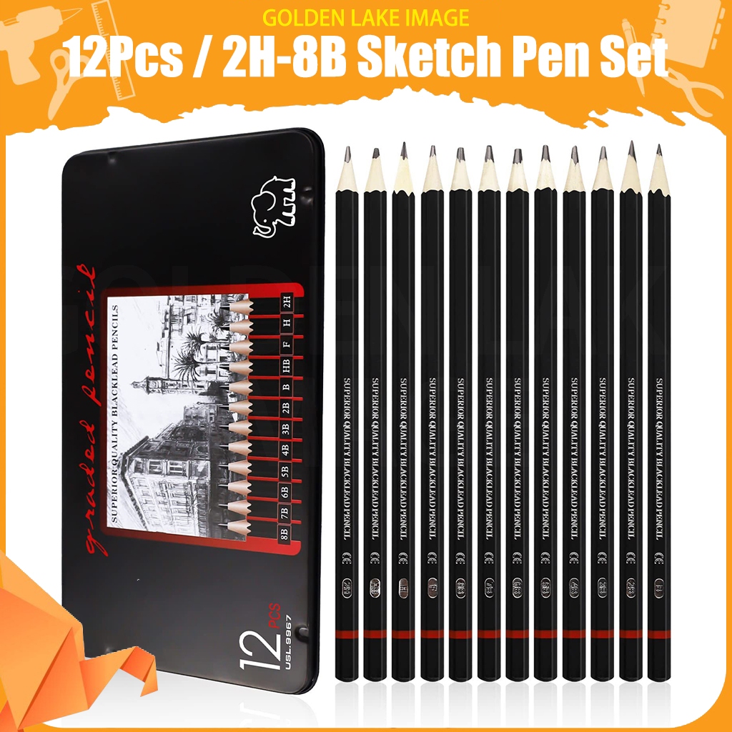 12 Pcs/Lot Wooden Lead Pencils Set 2H-8B Metal Box Packed Professional ...