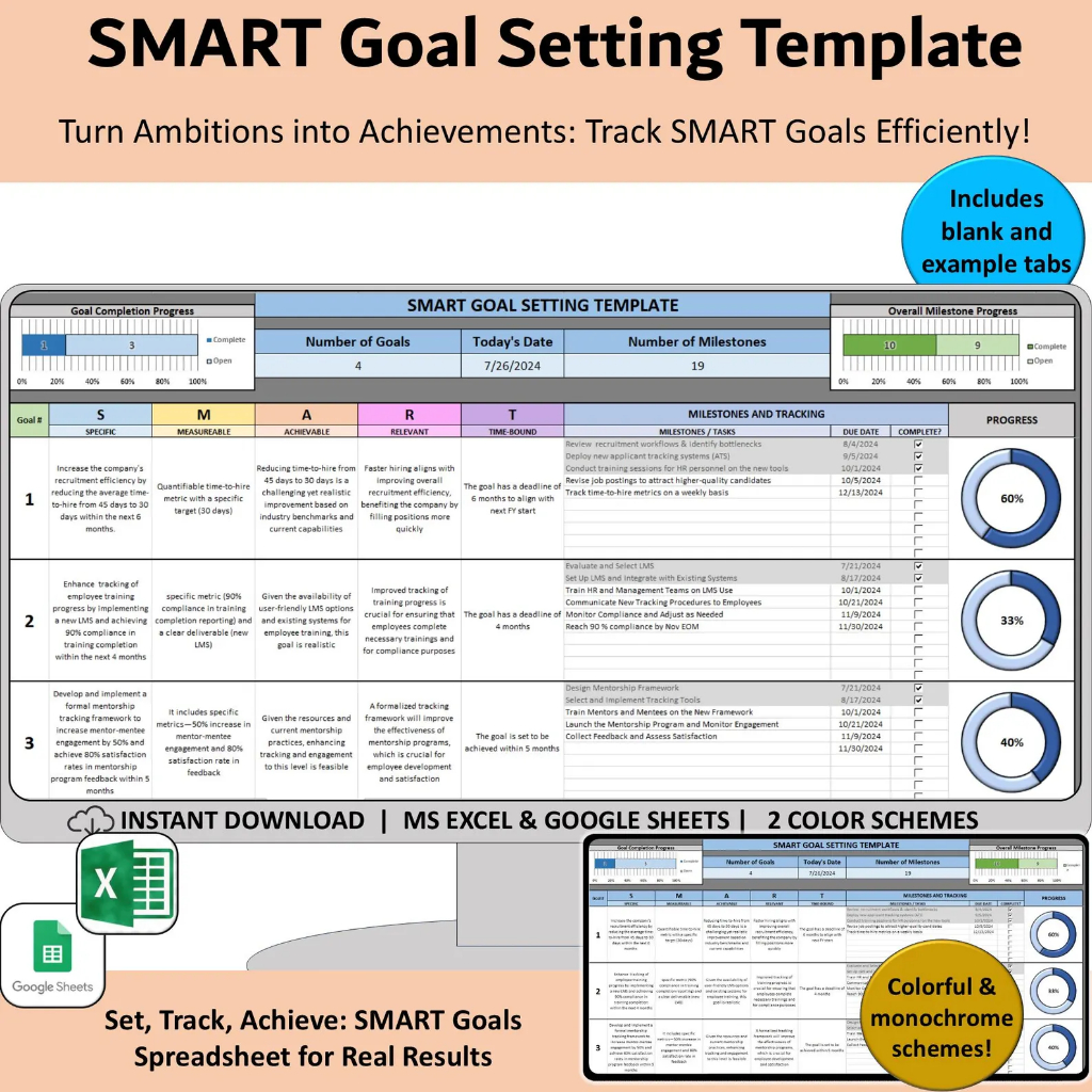 SMART Goal Objectives Tracker Excel digital planner, HR small business ...