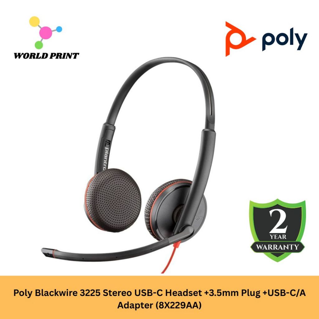 Poly Blackwire 3225 Stereo USB-C Headset +3.5mm Plug +USB-C/A Adapter ...