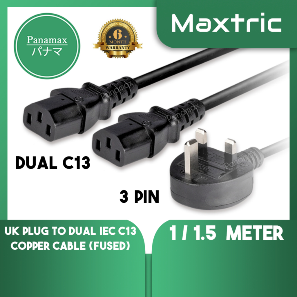 Panamax 1/1.5 METER 13A 3PIN UK PLUG TO DUAL C13 IEC FEMALE CABLE Power ...