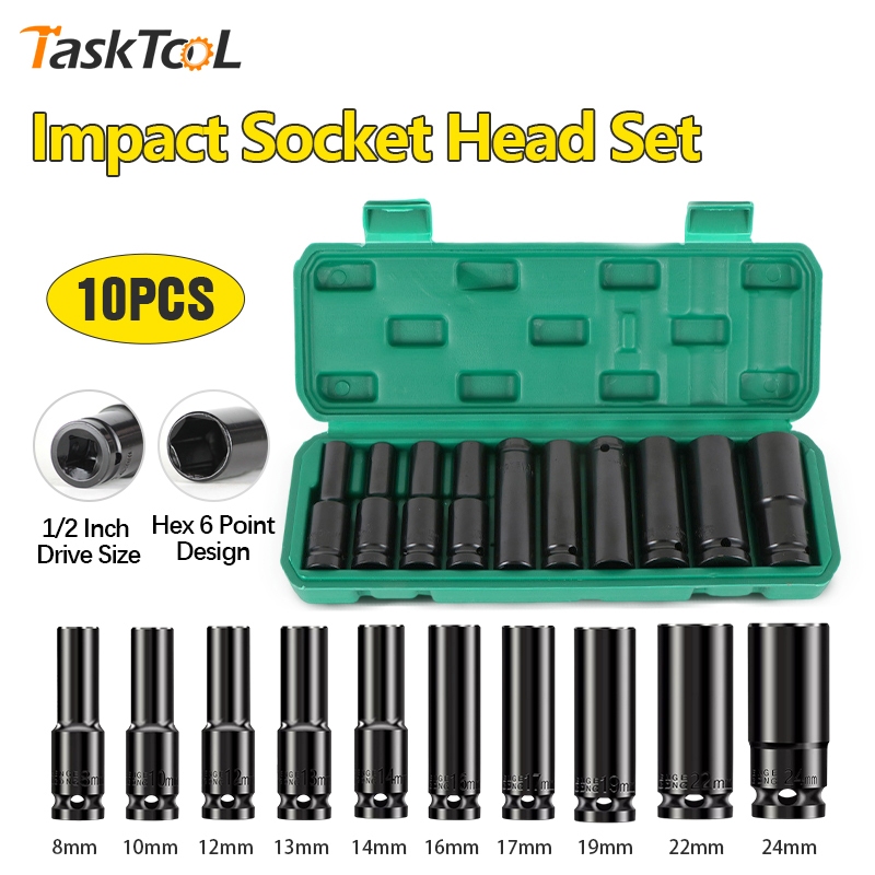 TASKTOOL Long Impact Socket Set 10Pcs 1/2 Inch Tool Set Socket Wrench Set Tool Converter 8mm ...