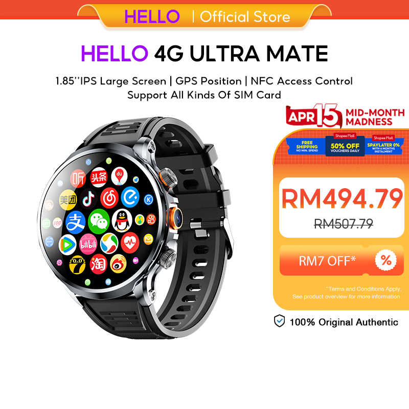HELLO 4G Ultra Mate Smart Watch Sim Card GPS 1.85'' 1100mAh Battery App ...