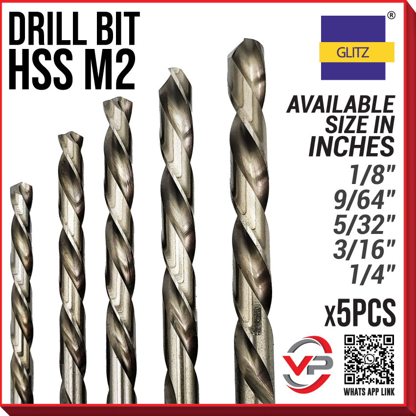 GLITZ HSS M2 Drill Bit High-Speed Steel Inches 1/8" 9/64" 5/32" 3/16" 1 ...