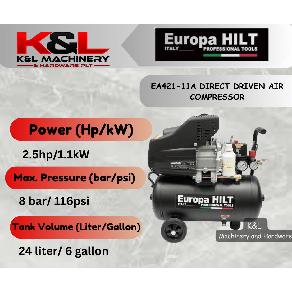 EUROPA HILT PORTABLE AIR COMPRESSOR EA421-11A 2.5HP / 24L LITER / 8BAR pump kompresor ANGIN ...