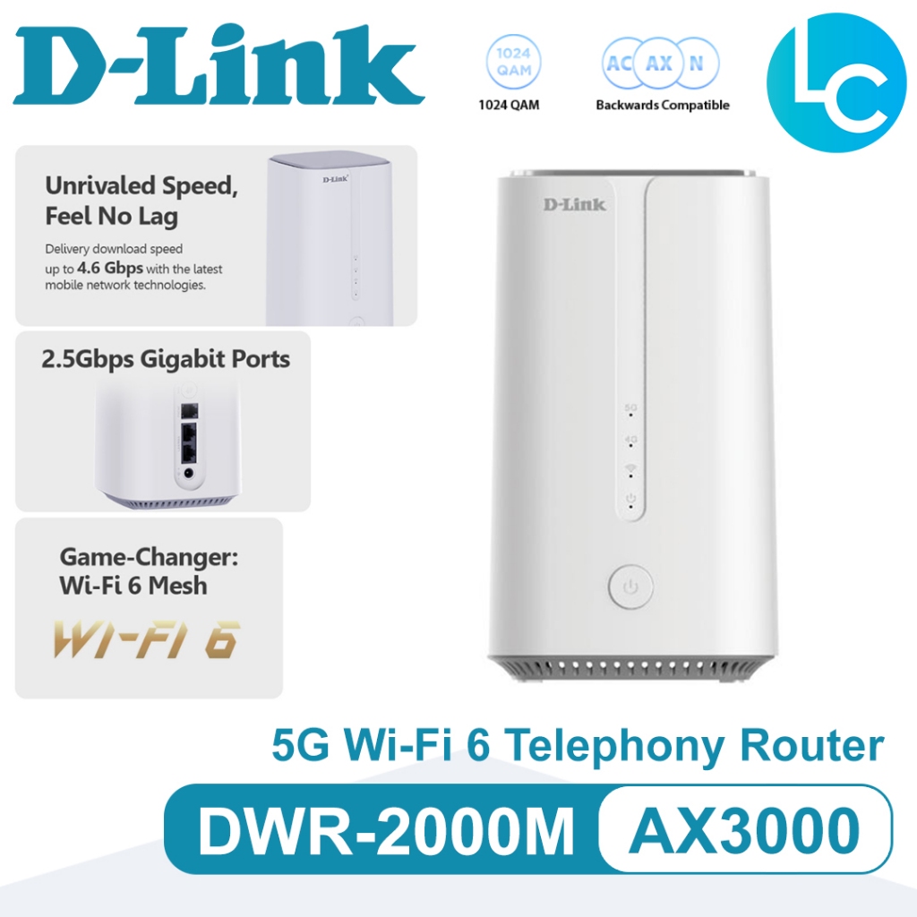 D-Link DWR-2000M 5G AX3000 Wi-Fi 6 Telephony Router Wireless 2 x 2.5 Gigabit Port with RJ 11 ...