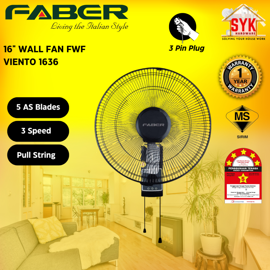 SYK Faber FWF VENTO GEN 2 1636 16 Inch Pull String Wall Fan Electric ...