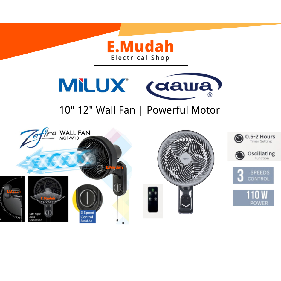 DAWA 12" Remote Control Wall Fan Milux 10'' Zefiro Wall Fan Kipas ...