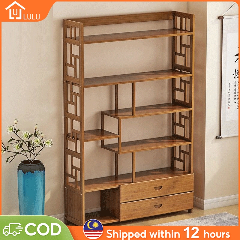 Natural Bamboo Brown Shelf Rack With Drawer Rak Serbaguna Bamboo Shelf ...