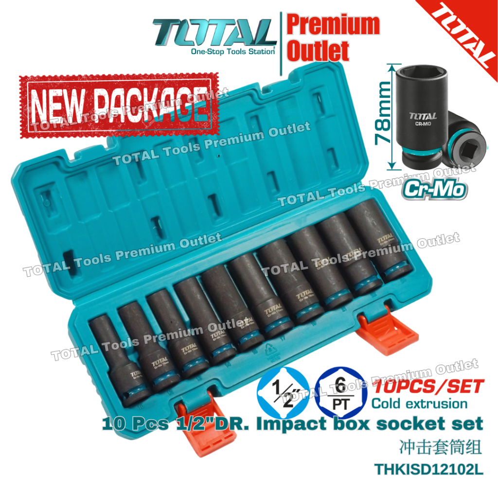 TOTAL Tools 10 pcs 1/2" Cr-Mo Long deep Impact box socket set 10~24mm ...
