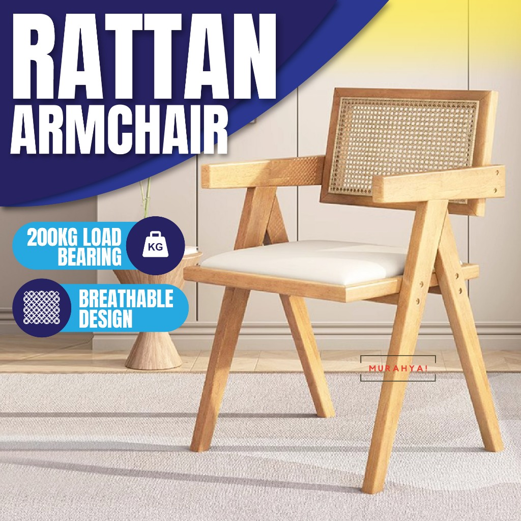 Rattan Cushion Chair Dining Armchair Kerusi Rotan Solid Wood Back Chair ...