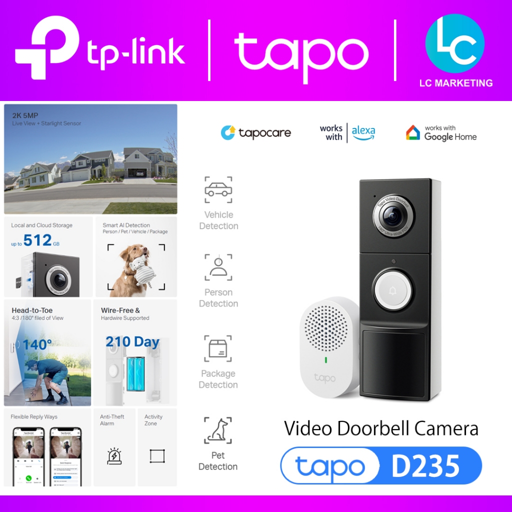 TP-Link Tapo D235 2K 5MP Smart Wireless Battery/Wired Video Doorbell Camera Full-Color Night ...