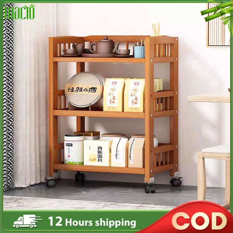 【In Stock】Bamboo Moving Rack Rack With Roller Wooden Rack Shelf Storage ...