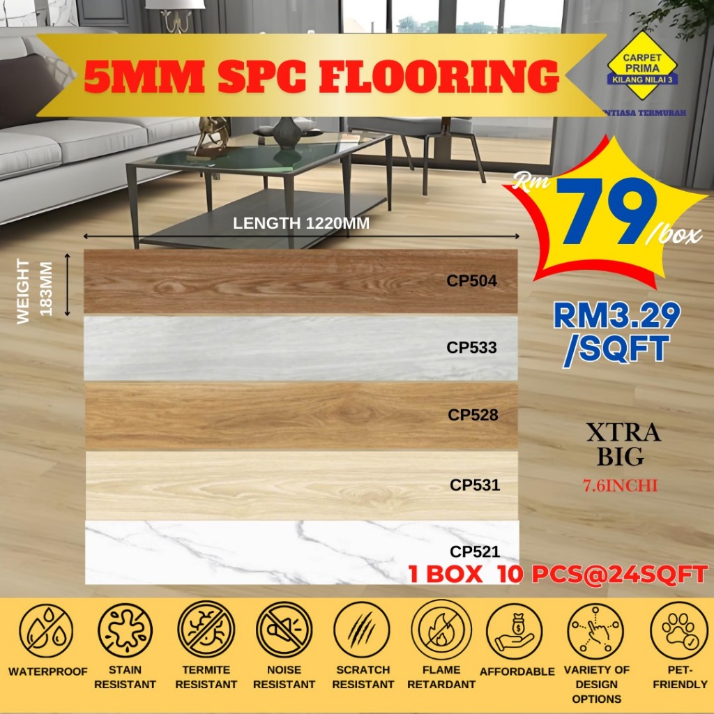 5MM Xtra Big Size 7.6inchi SPC Flooring (Interlocking) Click System ...