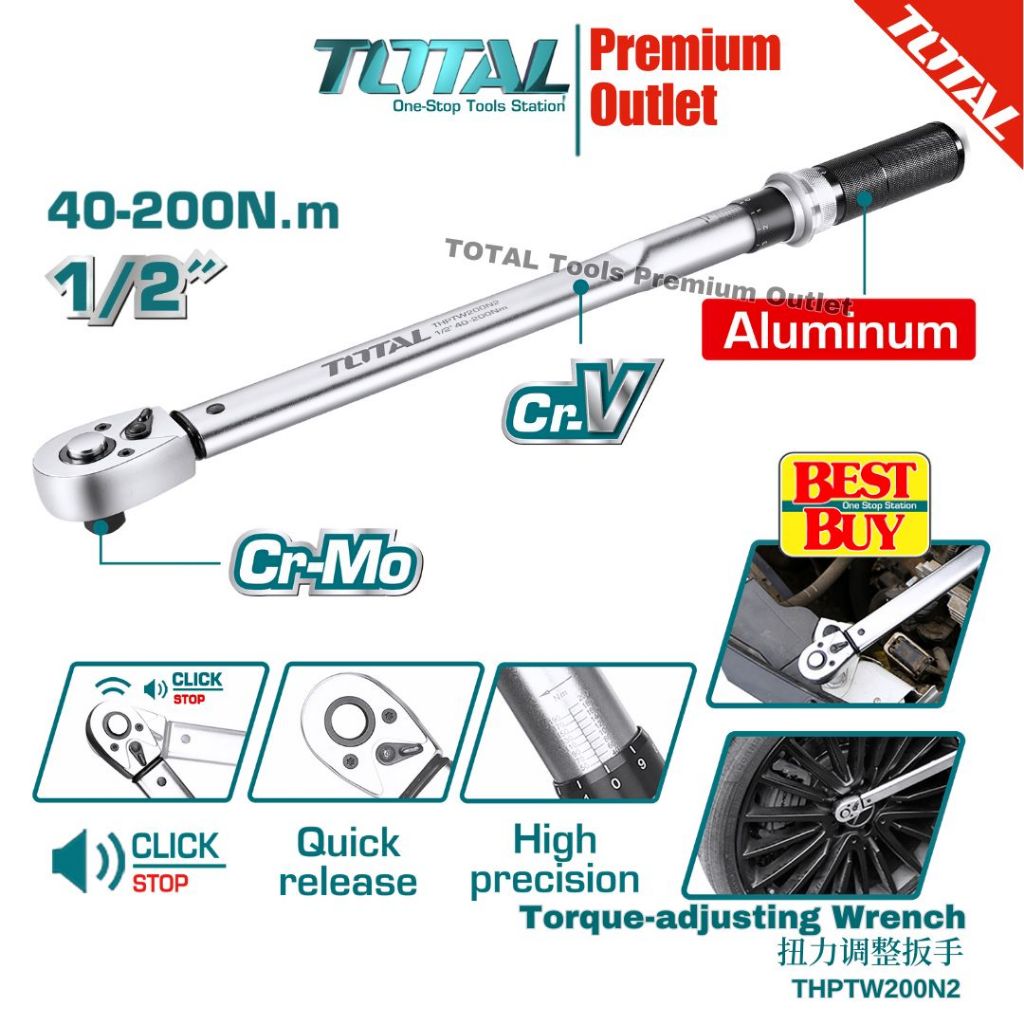 TOTAL Tools Adjustable Torque Wrench [ 1/2″/ 40~200Nm / 500mm ...