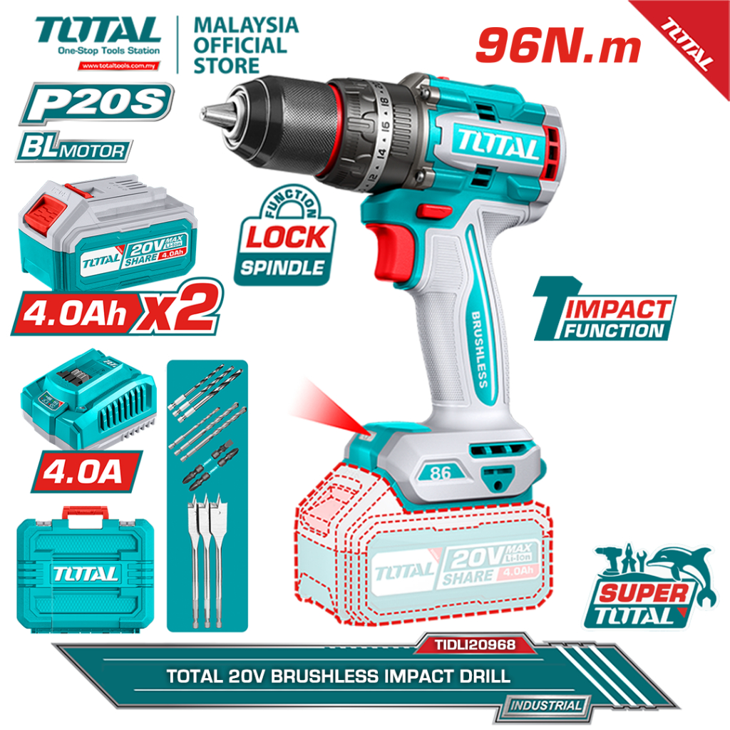 Total P20S 20V Brushless Impact Drill 96Nm - TIDLI20968 | Shopee Malaysia