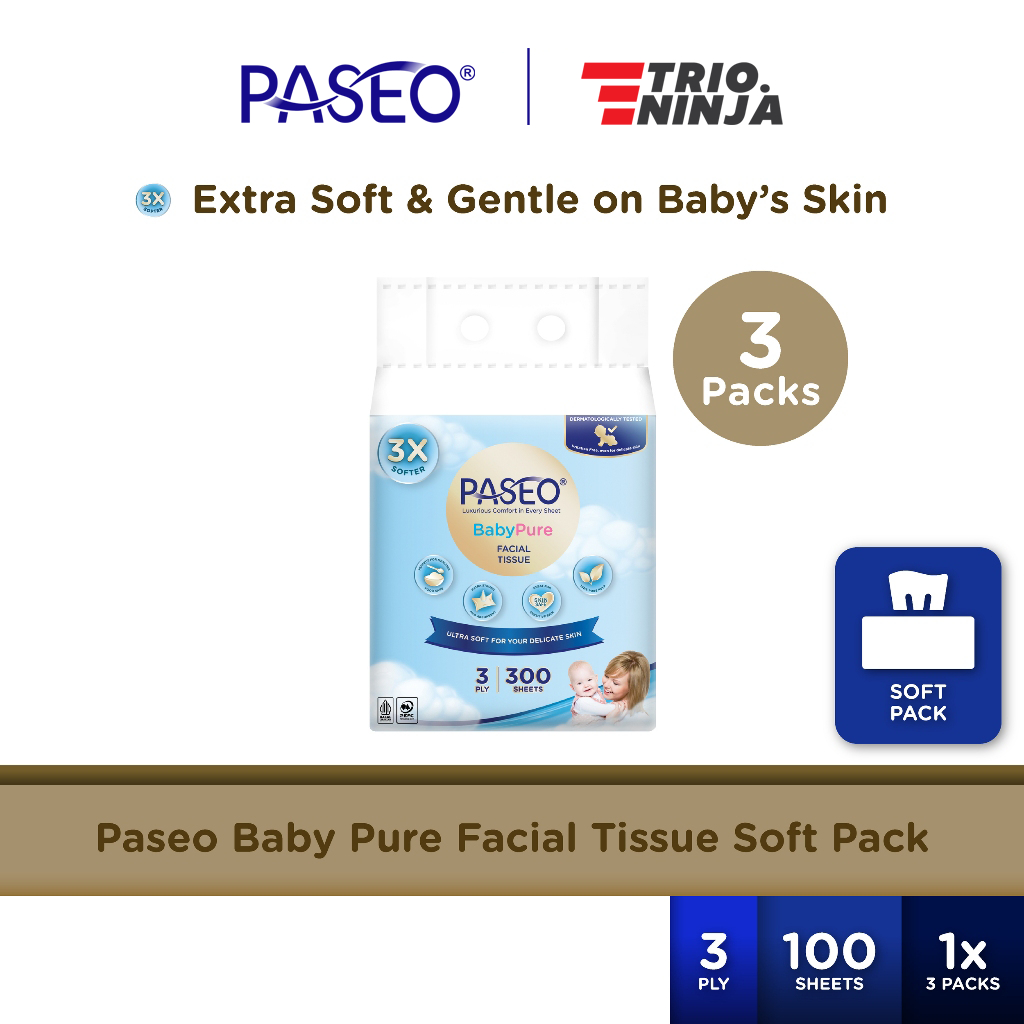 Paseo Baby Pure Facial Tissue Soft Pack (100 Sheets x 3 Packs) | Shopee ...