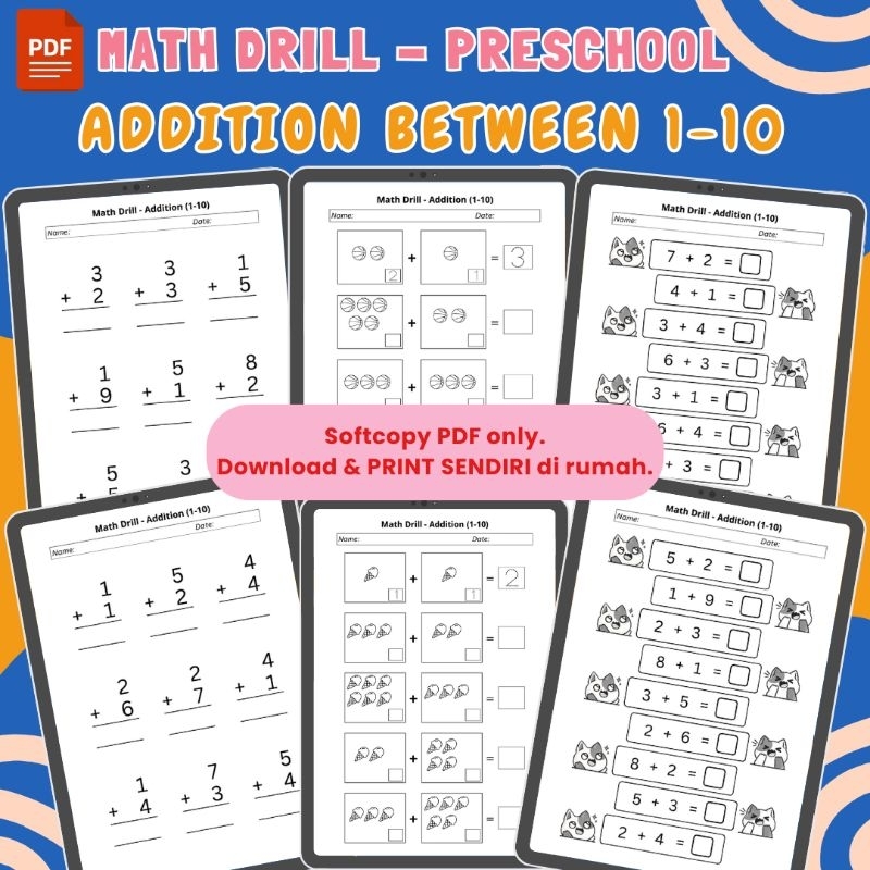 [PDF] MATH DRILL - ADDITION BETWEEN 1 to 10 (Preschool Worksheet ...