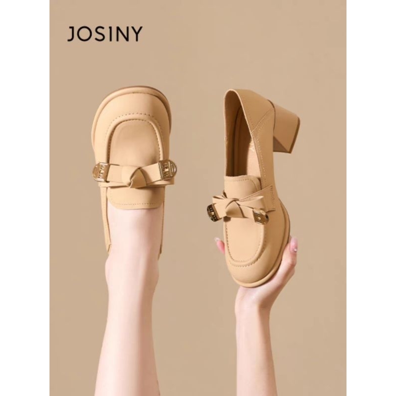 josiny beige ribbon leather loafers thick heel women shoes (RS4933 ...