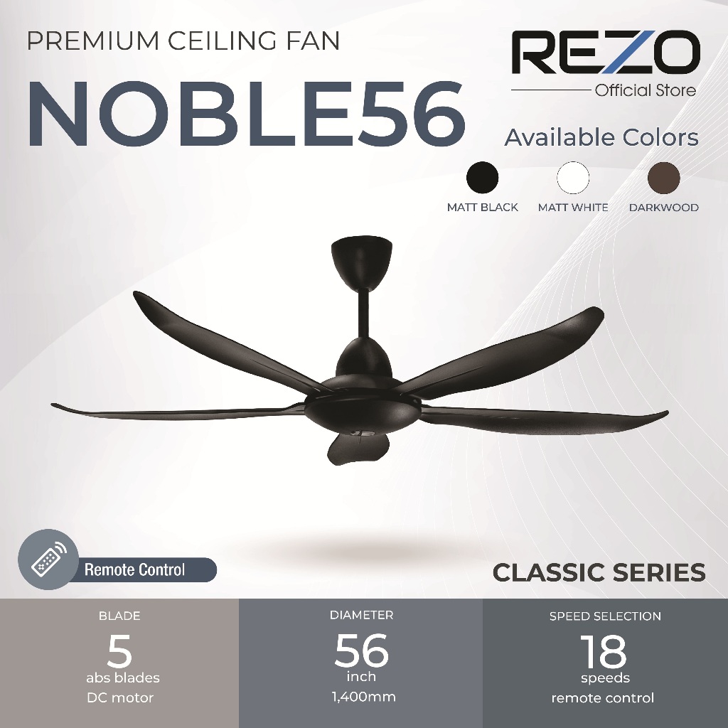 REZO Classic Series 56" 5 Blades DC Motor Ceiling Fan With Remote ...