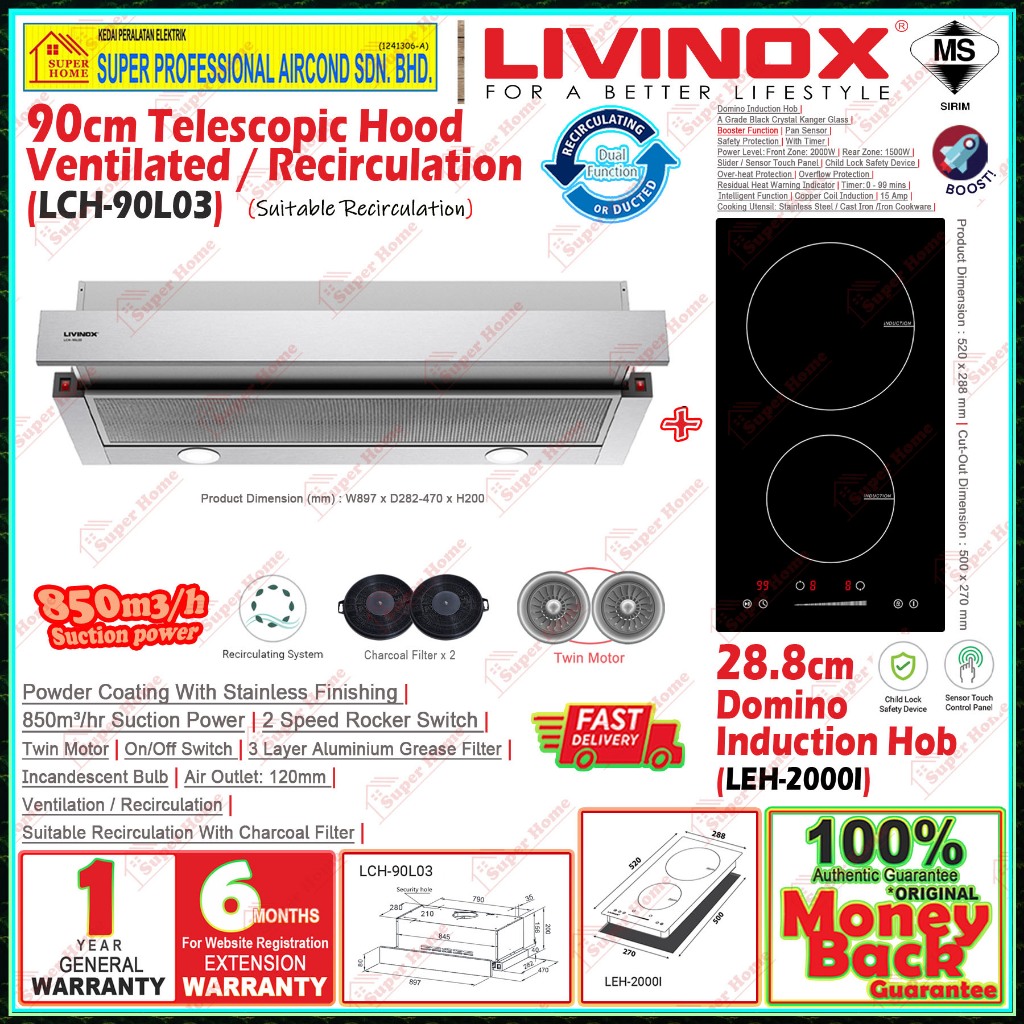 Livinox Telescopic Hood LCH-90L03 90cm Recirculation Hood / Livinox ...