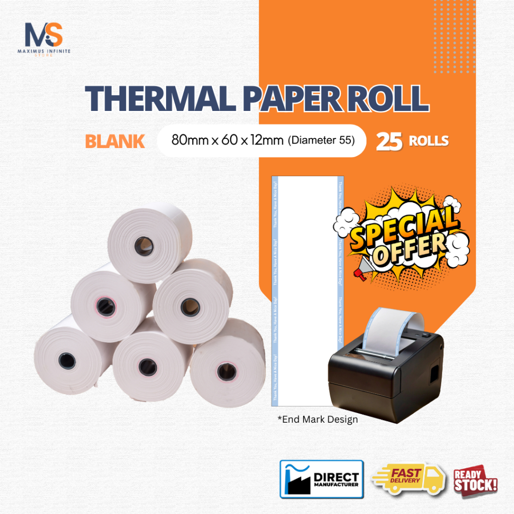 80mm x 60 x 12mm (Diameter55) - 25 Rolls / Thermal Receipt Paper Roll ...