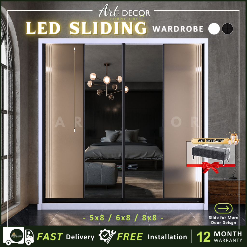 [FREE INSTALL] Almari Baju Full Glass Cermin with LED Light /Mirror ...