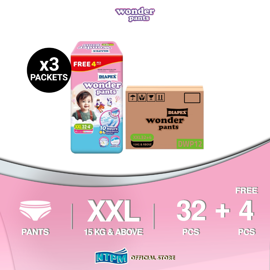 Diapex Wonder Pants Super Jumbo XXL (32's + 4's) x 3 Packets (Carton ...