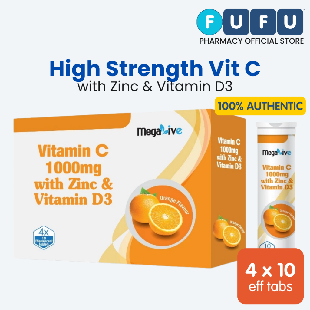MegaLive Vitamin C 1000mg Effervescent Tablet 4 x 10's - With Zinc & Vitamin D3, Increase ...