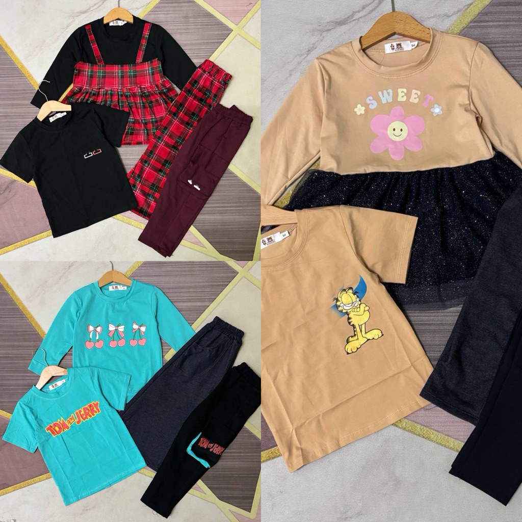 ( 2Y-12Y ) set jalan bearkid cotton premium sedondon boy girl bootcut palazo skirt cargo / baju ...